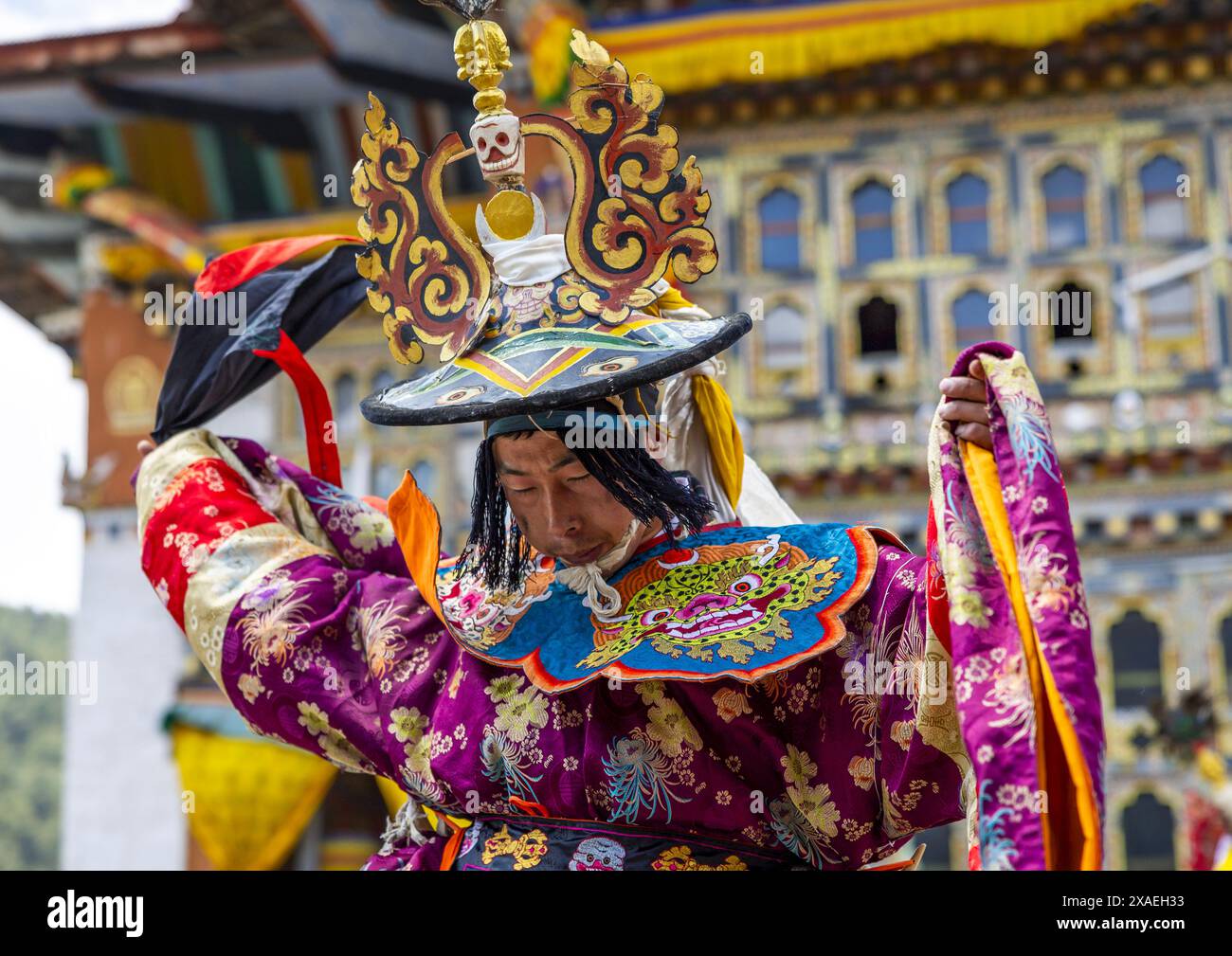 Dance of the hats during Ura Yakchoe festival, Bumthang, Ura, Bhutan ...