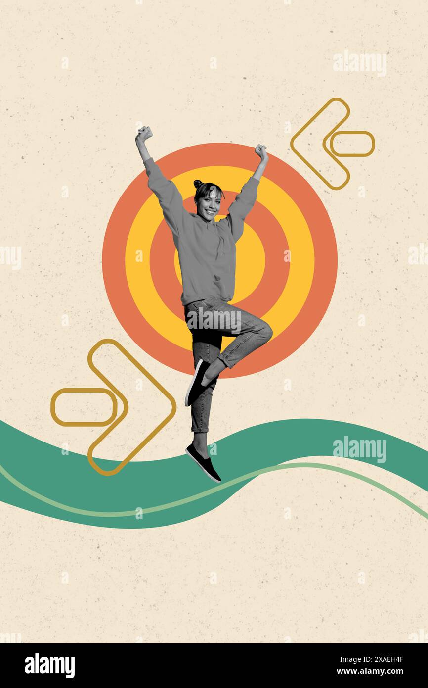 Vertical collage image young happy joyful woman celebrate success reach ...