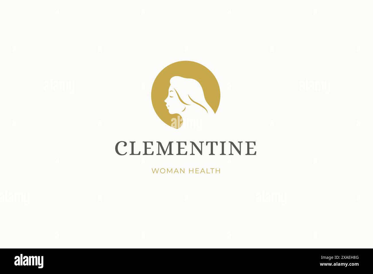 Woman with long hair silhouette in golden circle frame minimal logo ...