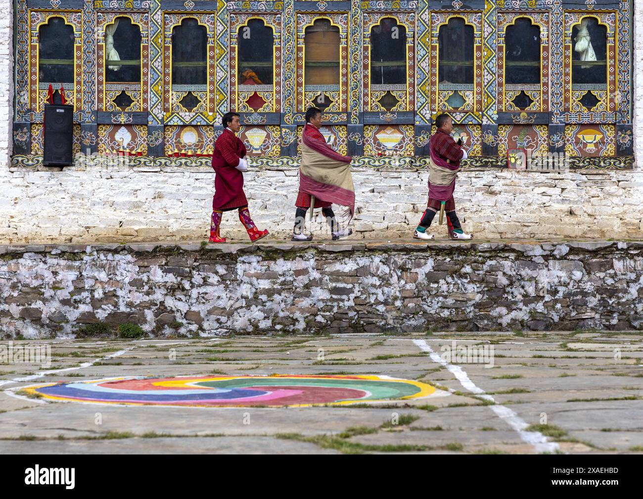 Bhutanese men in Ura Lhakhang monastery, Bumthang, Ura, Bhutan Stock ...