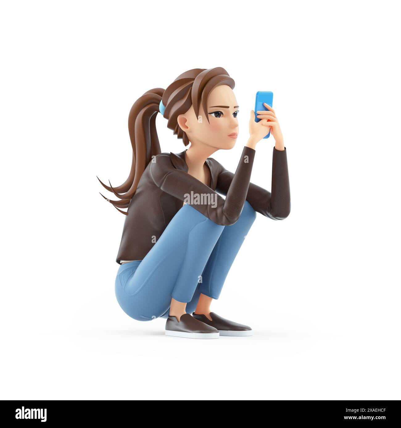 3d cartoon woman crouching and looking smartphone, illustration ...