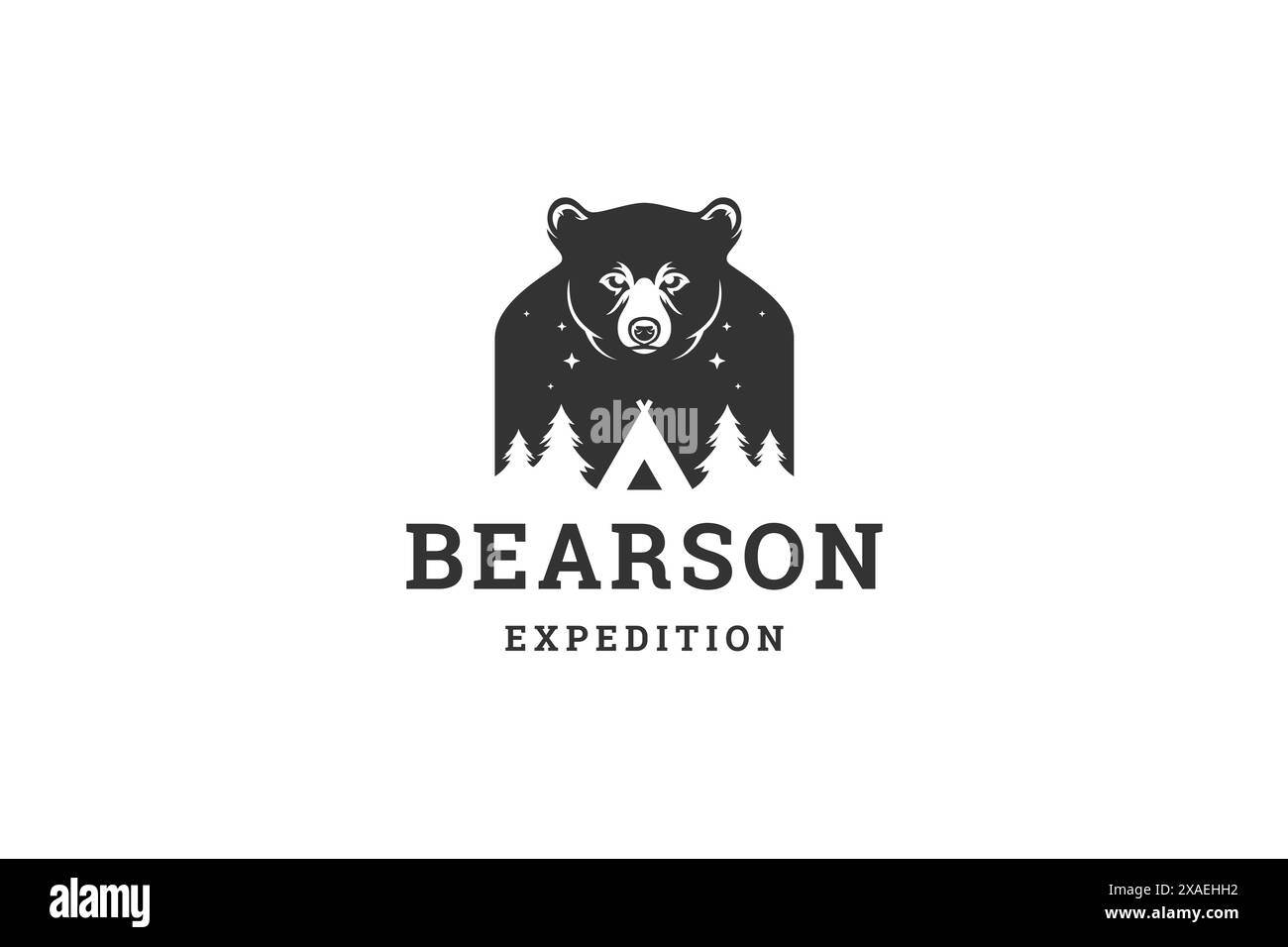 Bear camping night forest double exposure effect logo design template ...