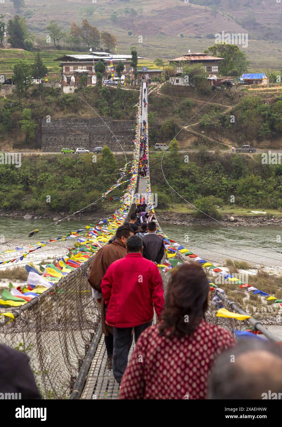 Punakha Suspension Bridge with prayer flags, Punakha dzongkhag, Punakha ...