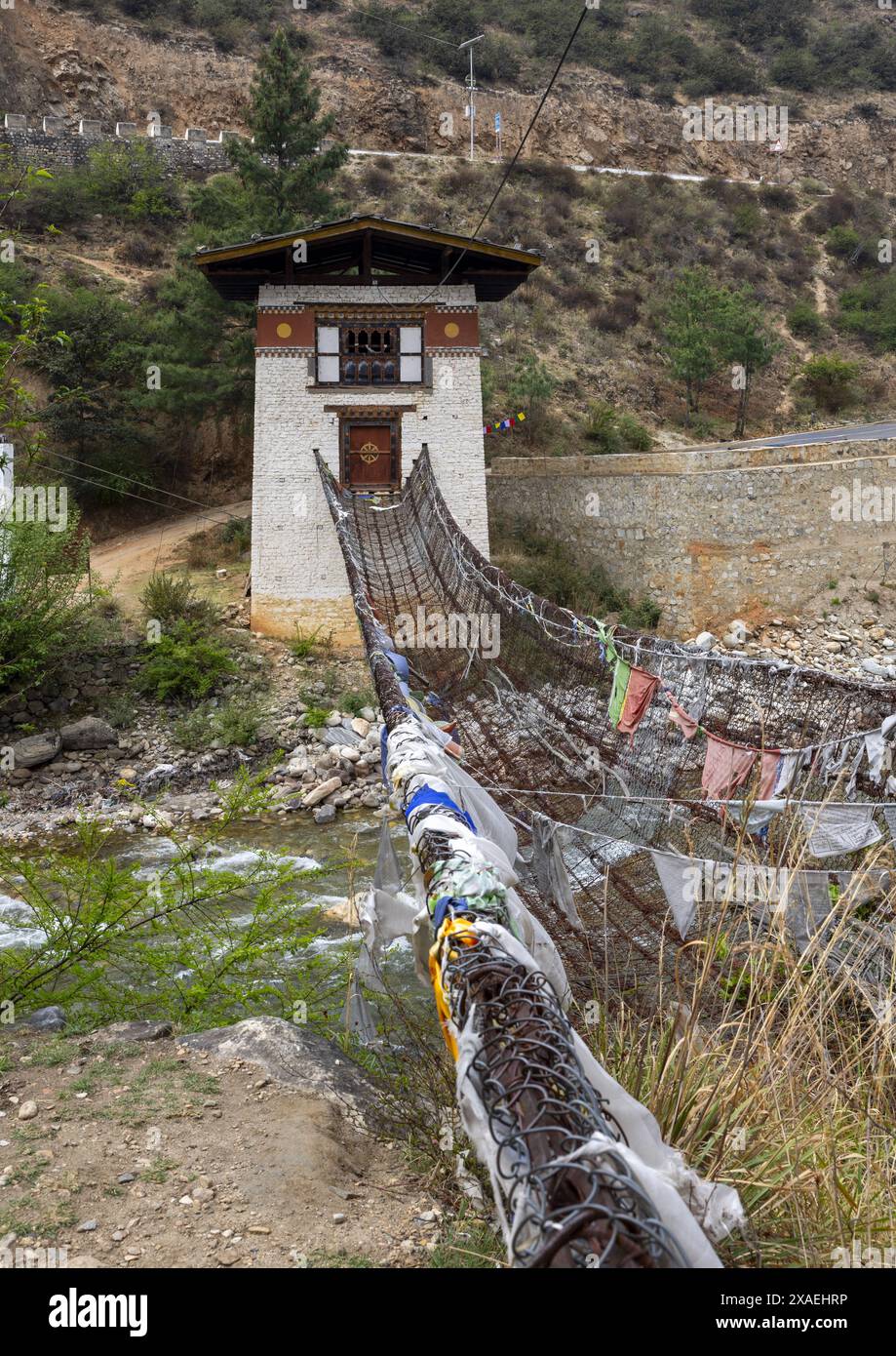 Tachog Lhakhang monastery with prayer flags, Wangchang Gewog, Paro ...