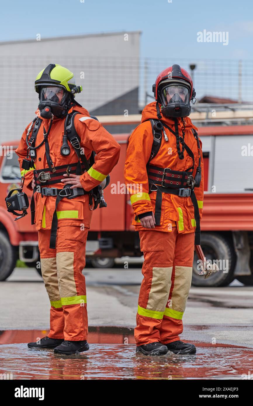 Firefighter Team Training with Various Tools in Professional Gear Stock ...