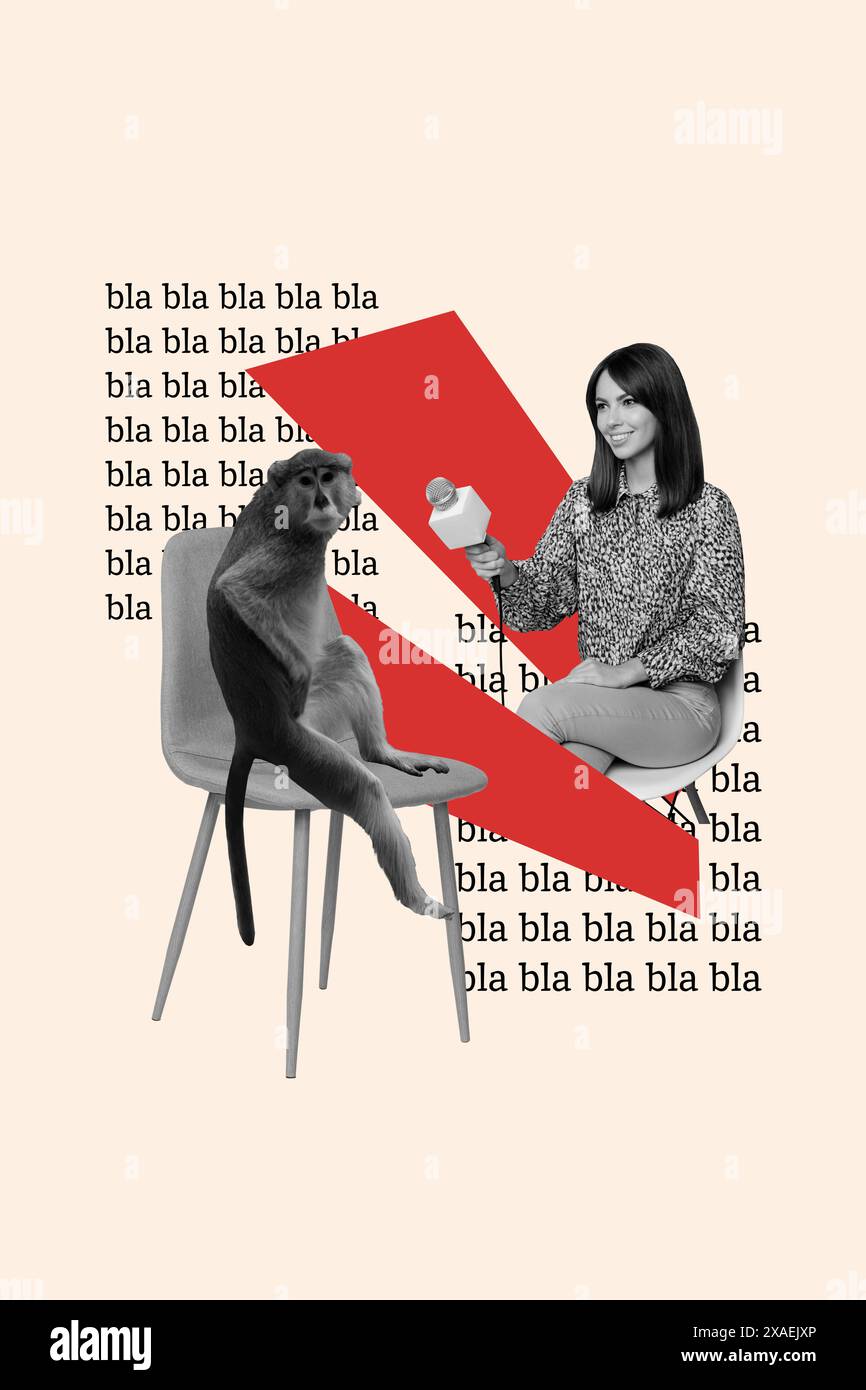 Creative trend collage of monkey animal interview press propaganda social media correspondence ...
