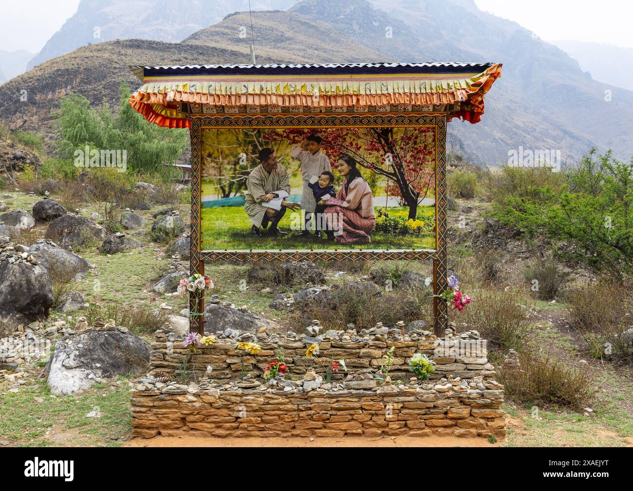 BIllboard on the road depicting the royal family, Wangchang Gewog, Paro ...