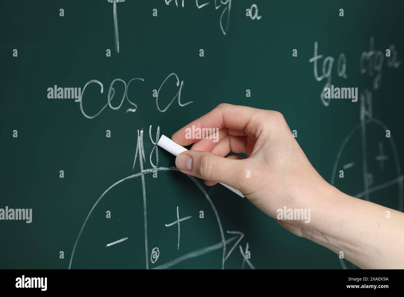 Teacher writing down math equation on green board, closeup Stock Photo ...