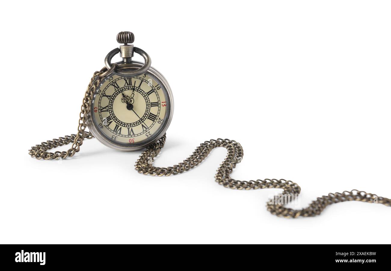 One pocket clock with chain isolated on white Stock Photo - Alamy
