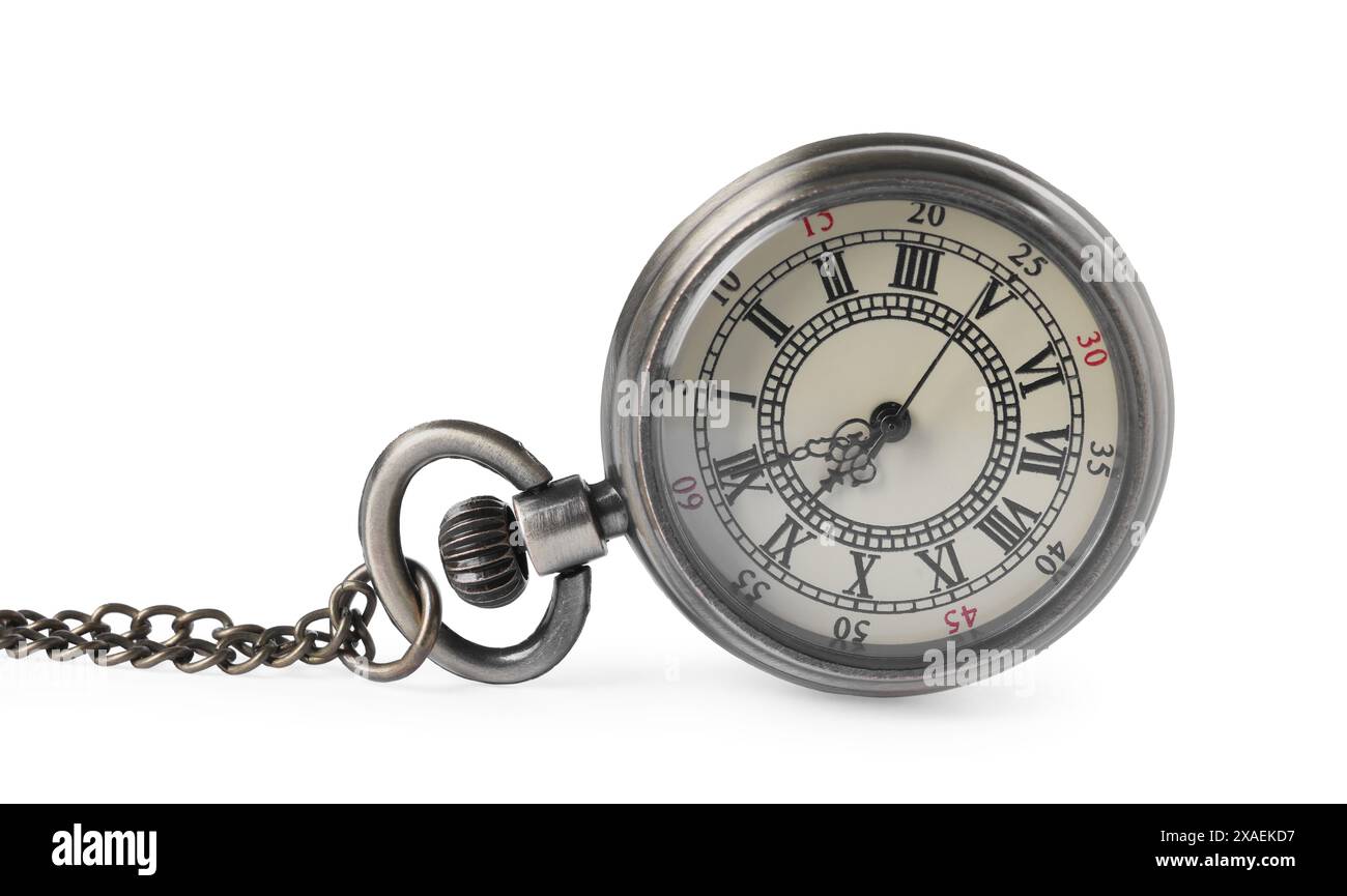 One pocket clock with chain isolated on white Stock Photo - Alamy