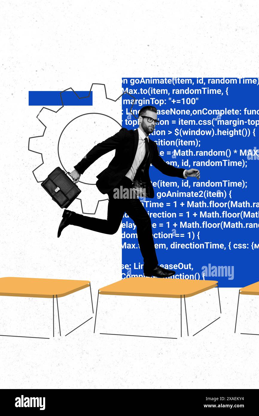 Creative Trend Collage Of Entrepreneur Man Running Programmer Coding Software Weird Bizarre