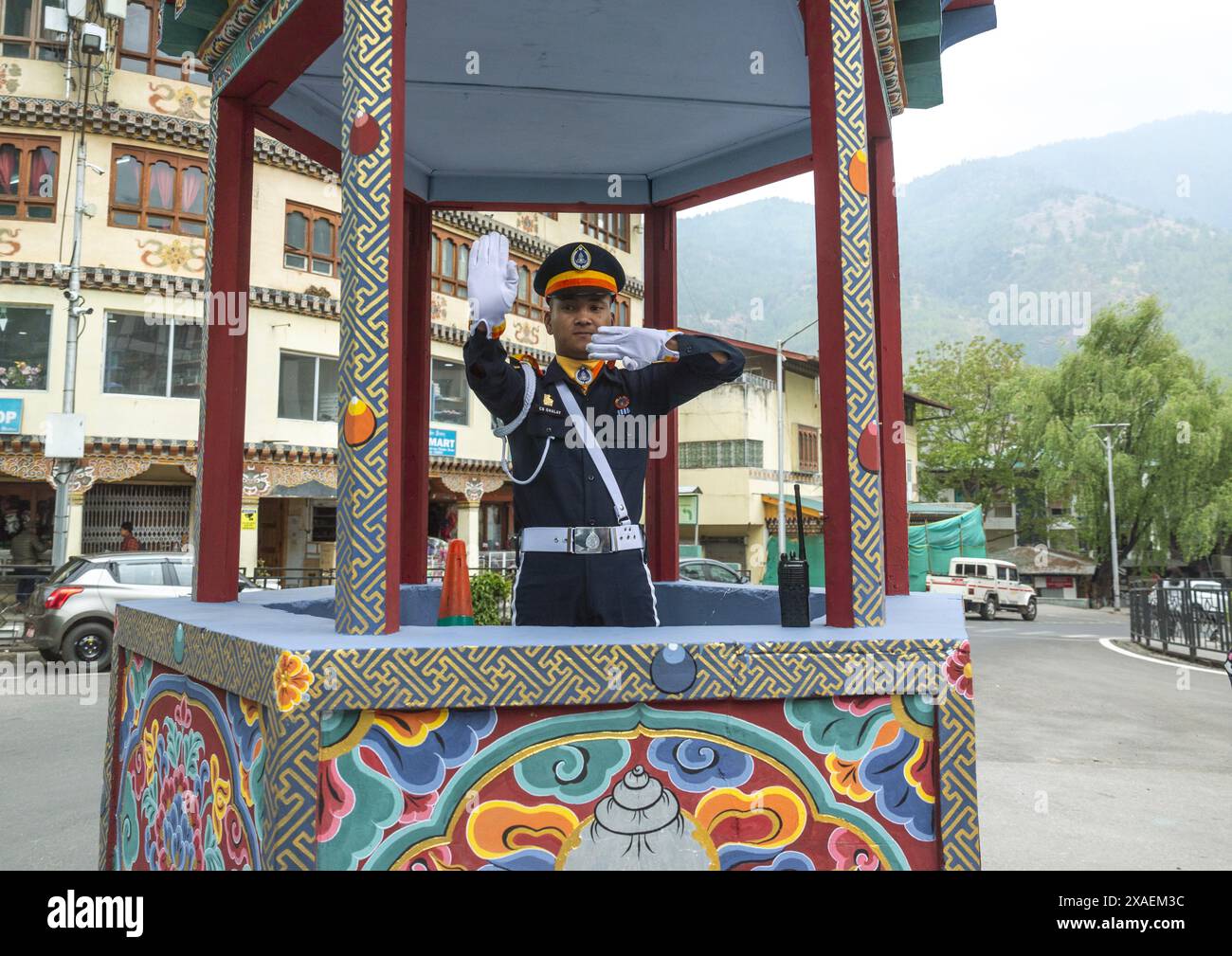 A traffic policeman at a circle road, Chang Gewog, Thimphu, Bhutan ...