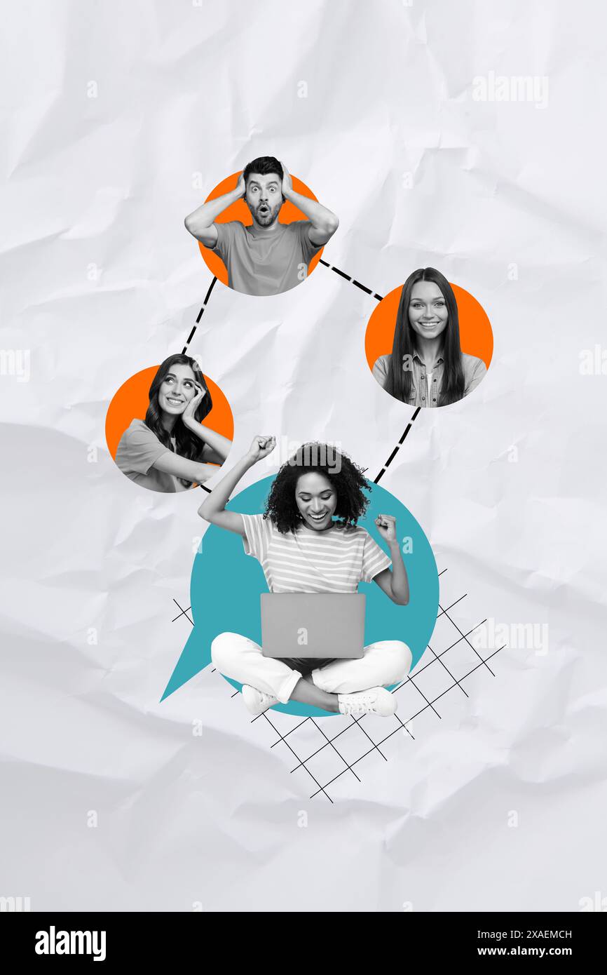 Creative abstract template collage of funny teamwork online connection ...