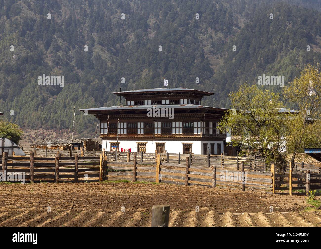 Bhutanese traditional house at rural area, Wangdue Phodrang, Phobjikha ...