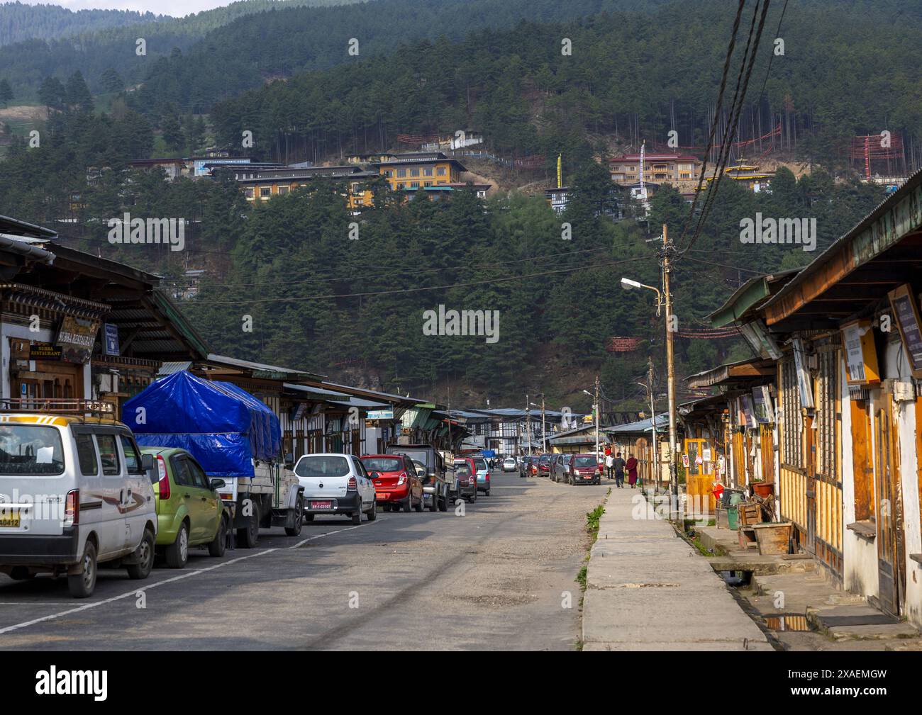 View of the main street in the city, Chhoekhor Gewog, Bumthang, Bhutan ...