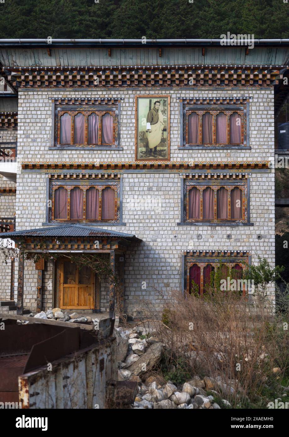 Modern building with the king portrait, Chhoekhor Gewog, Bumthang ...