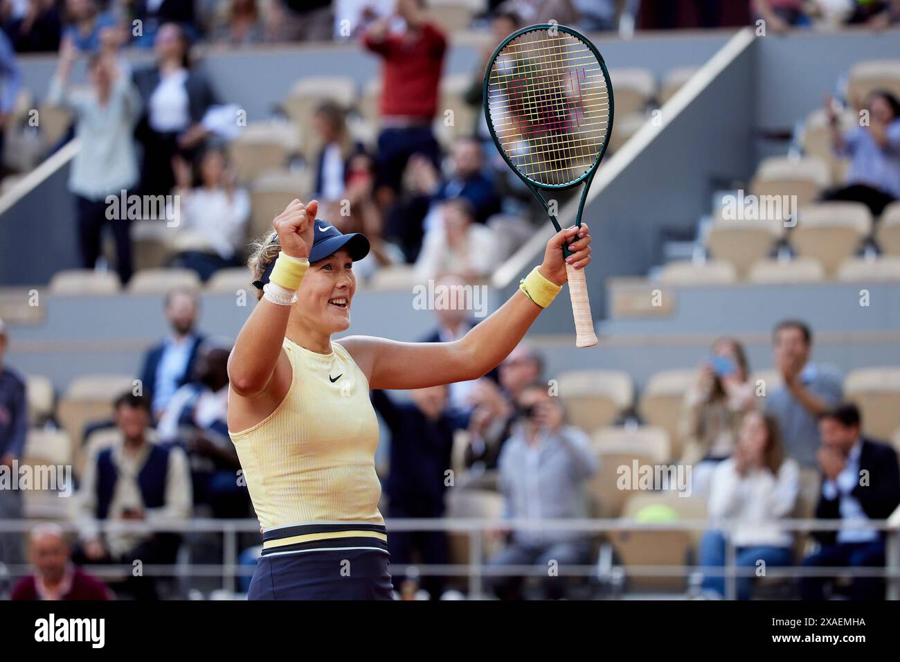 Mirra Andreeva reacts after her victory against Aryna Sabalenka during ...