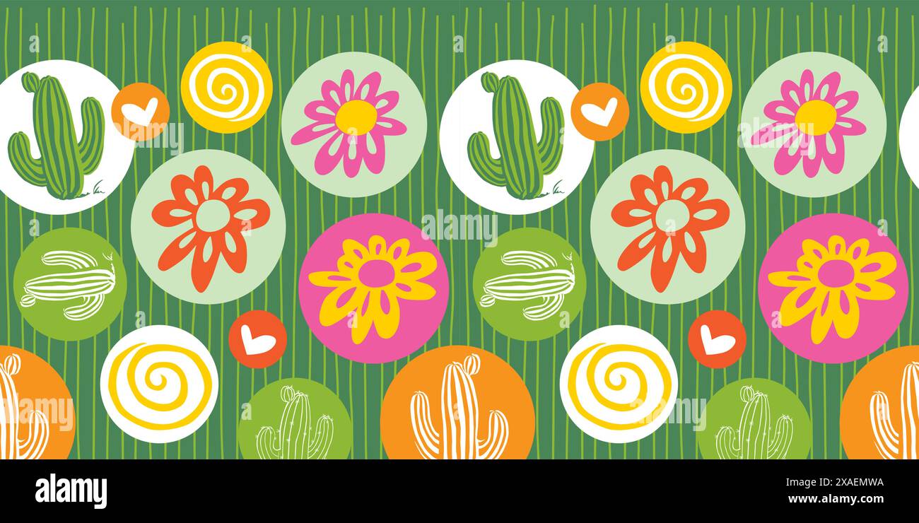 Vector green cute cactus and daisy flowers horizontal border pattern ...