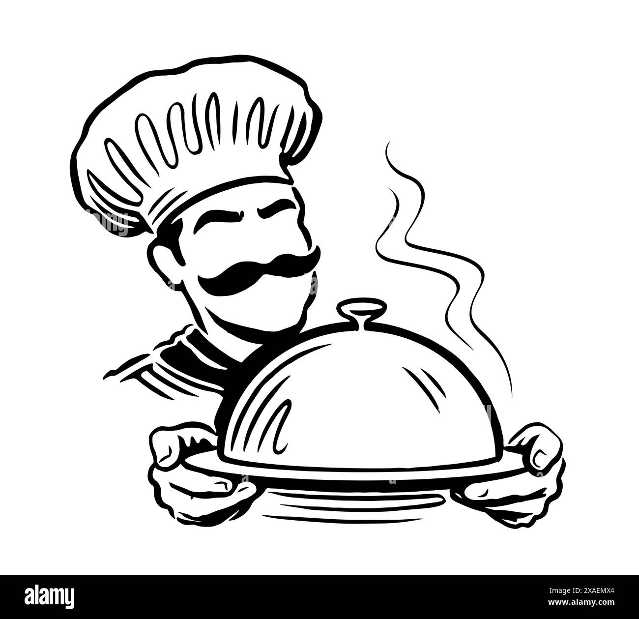 Male cook in hat emblem. Chef with tray logo, label decoration for ...