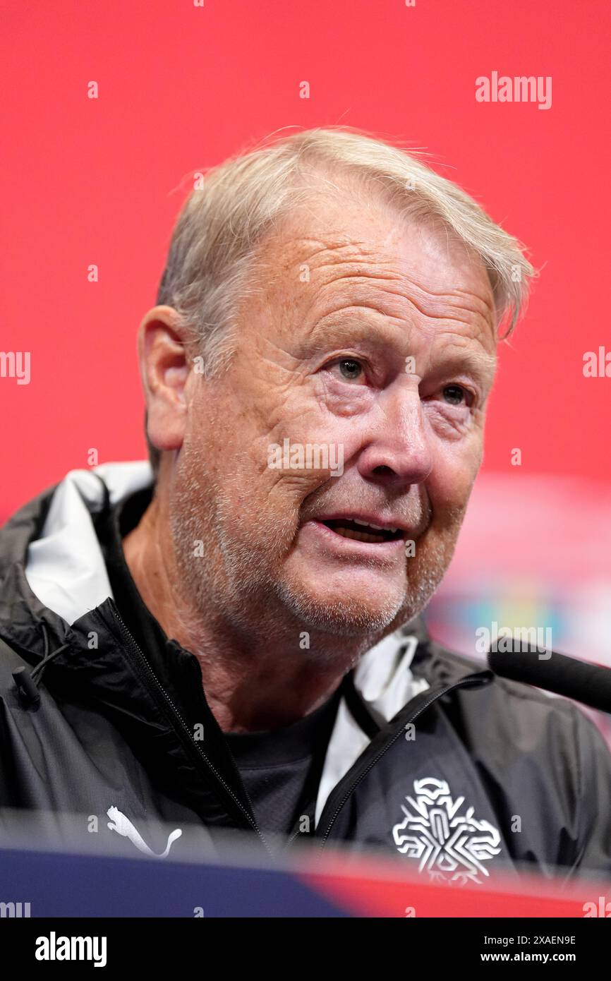 Iceland head coach Age Hareide during a press conference at Wembley ...