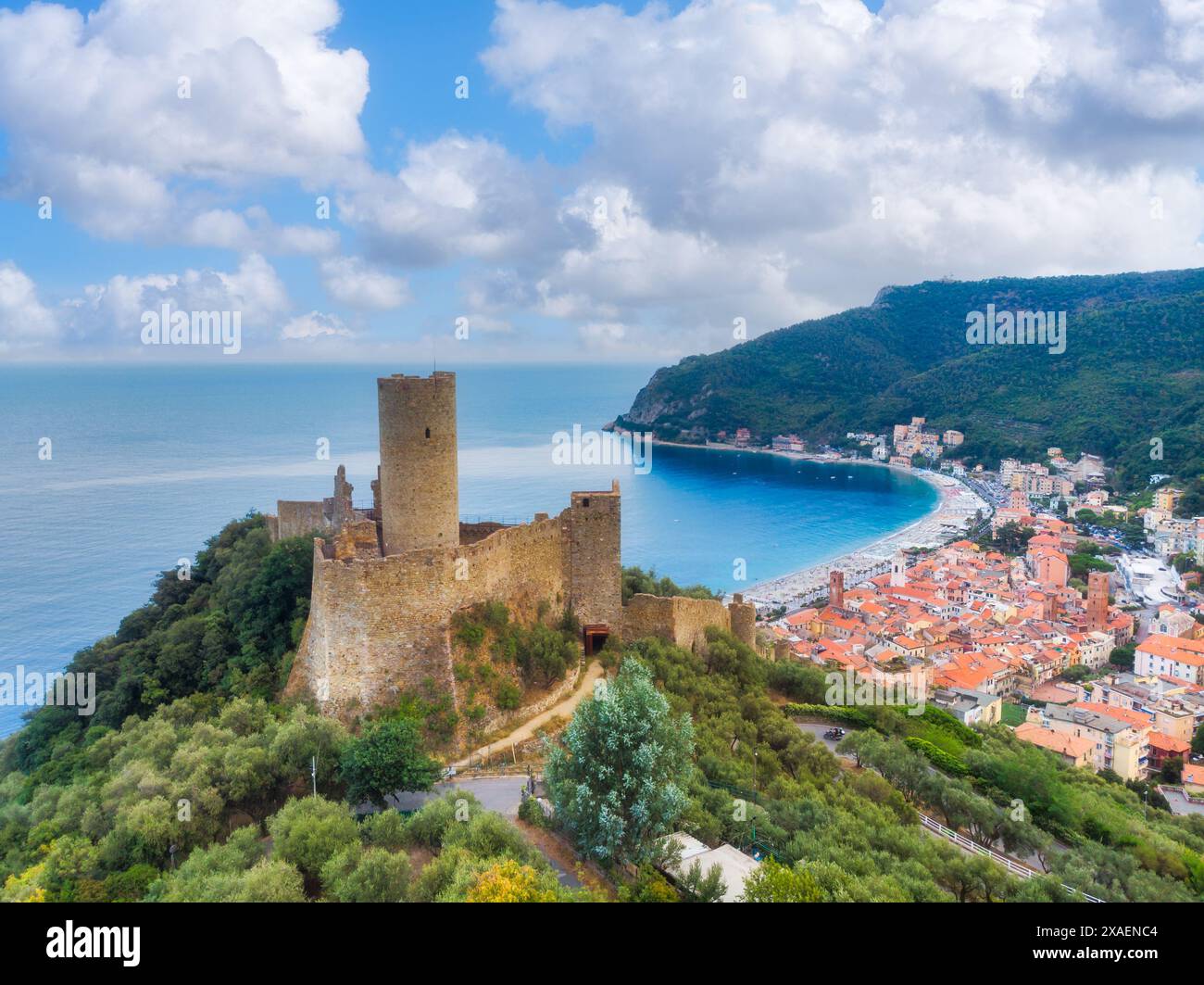 Aerial view of Monte Ursino Castle in the old village of Noli on the ...