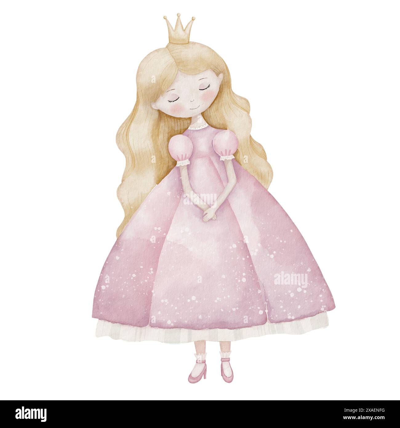 Watercolor Princess with a crown in a pink dress. Drawing of cute young ...