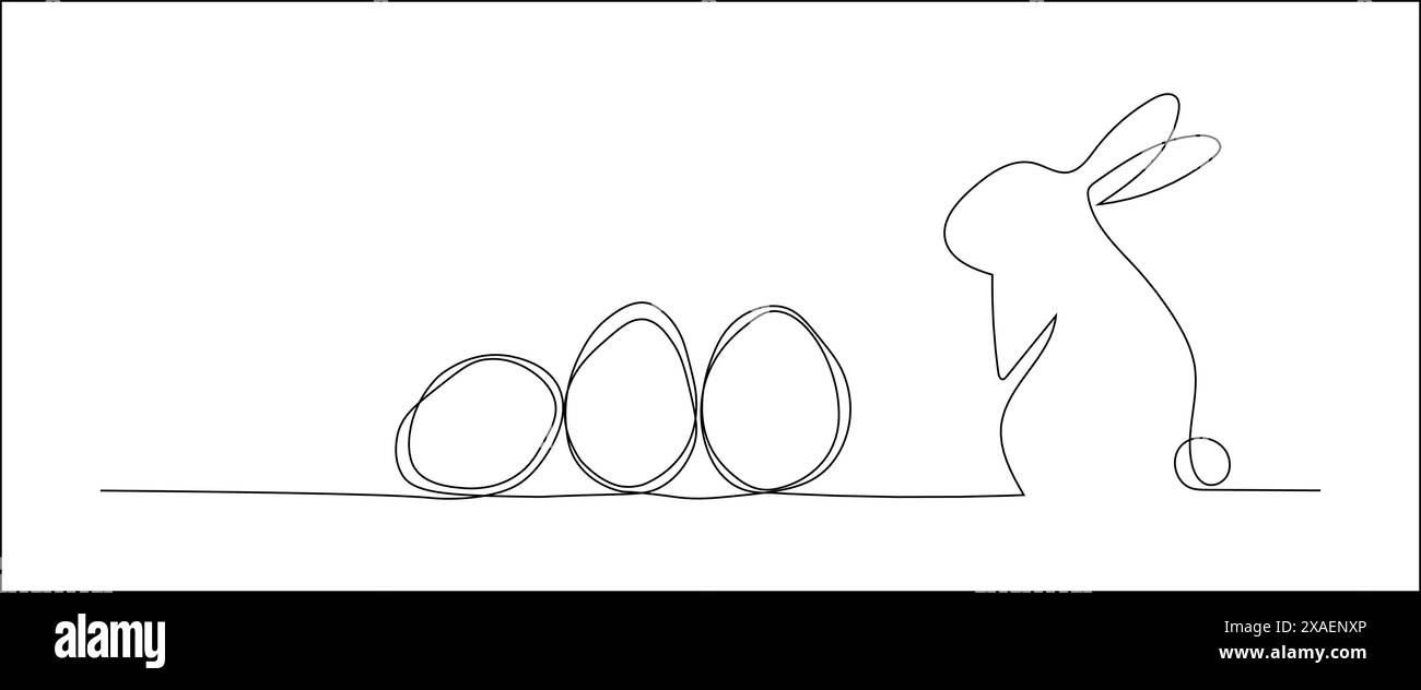 One continuous line drawing of Easter eggs and rabbit. Greeting banner ...