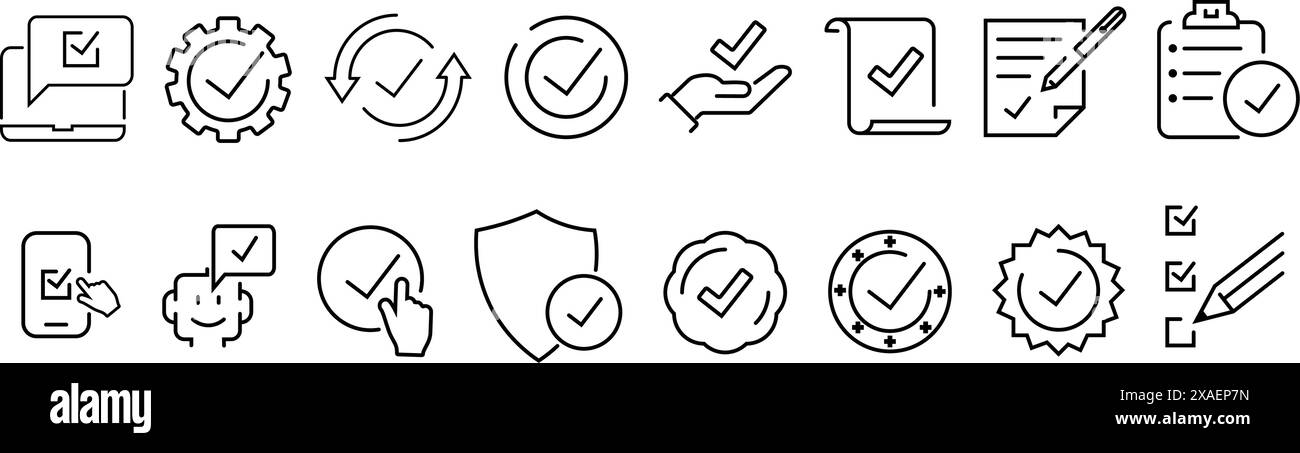 Line icons about checkmark and quality product. Outline symbol ...