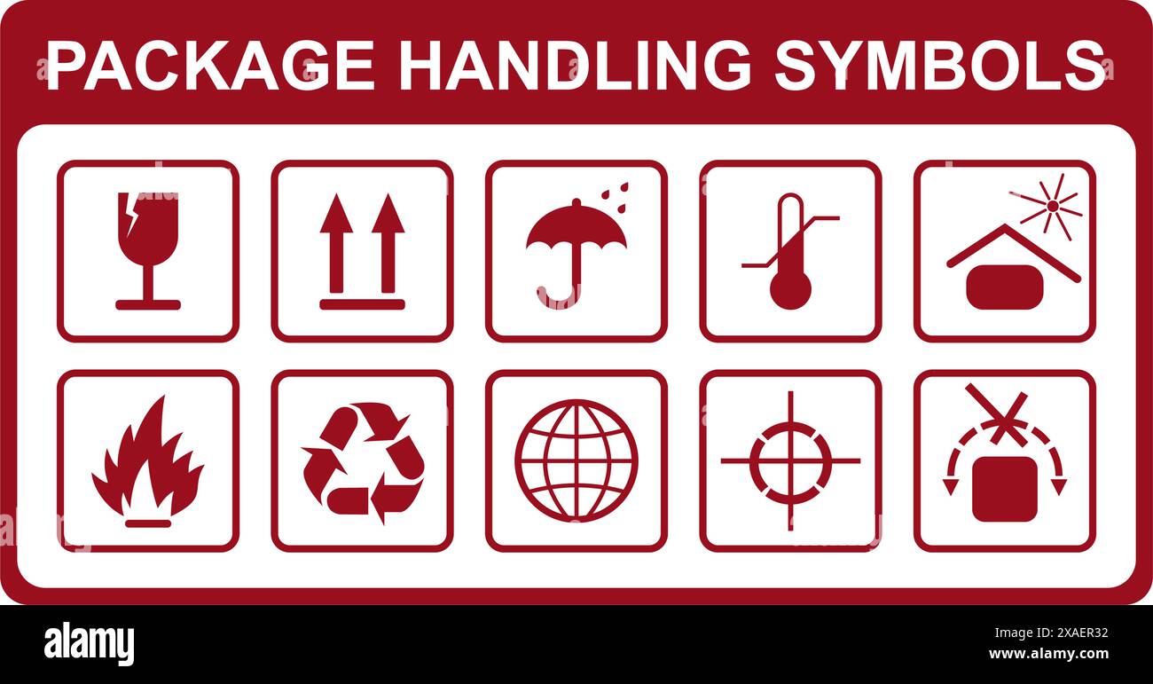 Common packaging warning symbol set. Red white flat style icons with frame Stock Vector Image ...