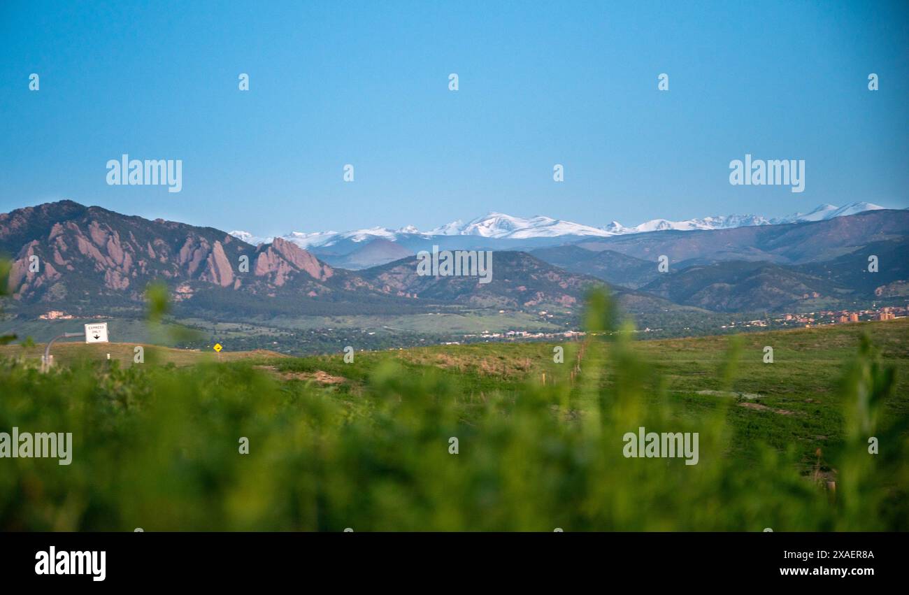 The Flatiron mountains and blue sky at night in summer. At the scenic ...
