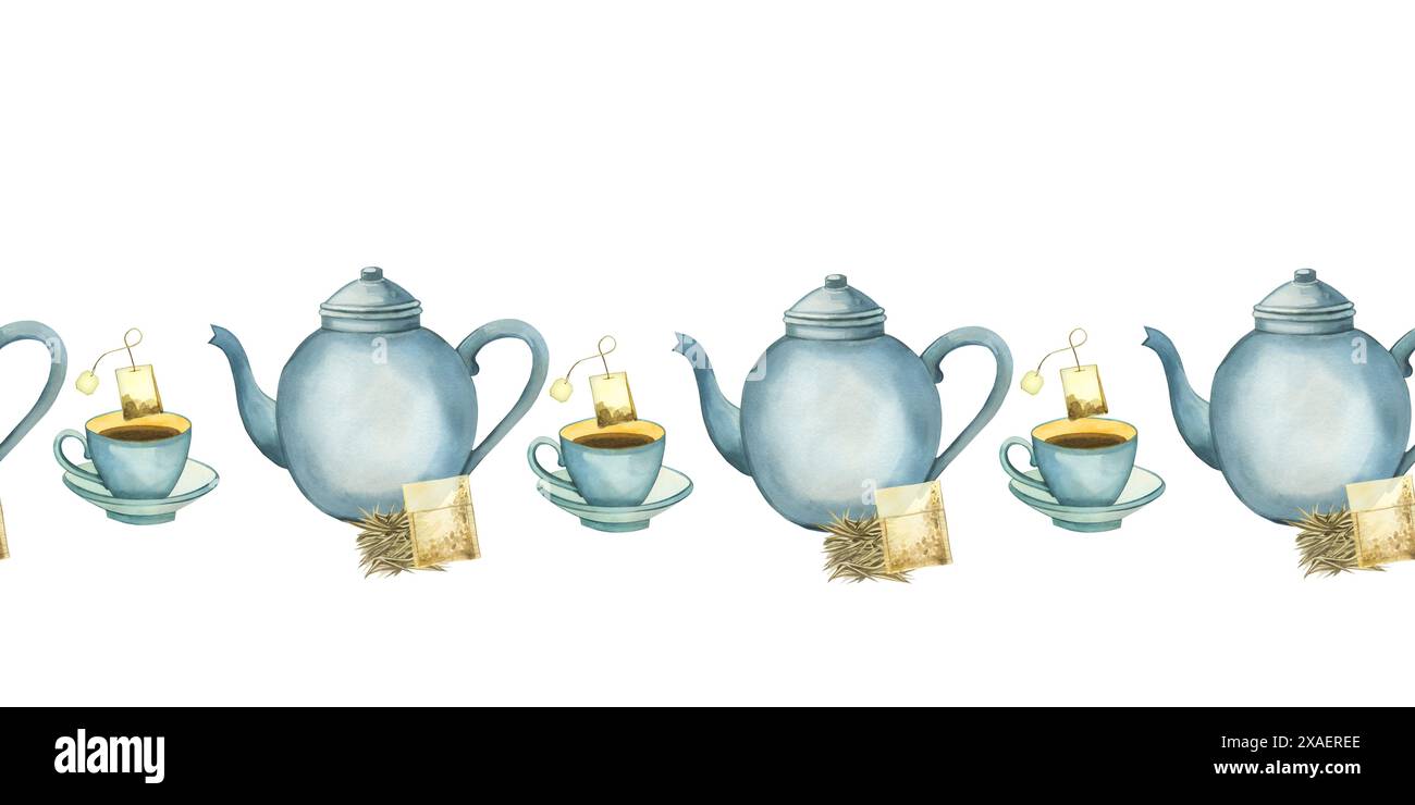 Watercolor seamless border. Tea party, blue cup, teapot, tea bags, tea ...