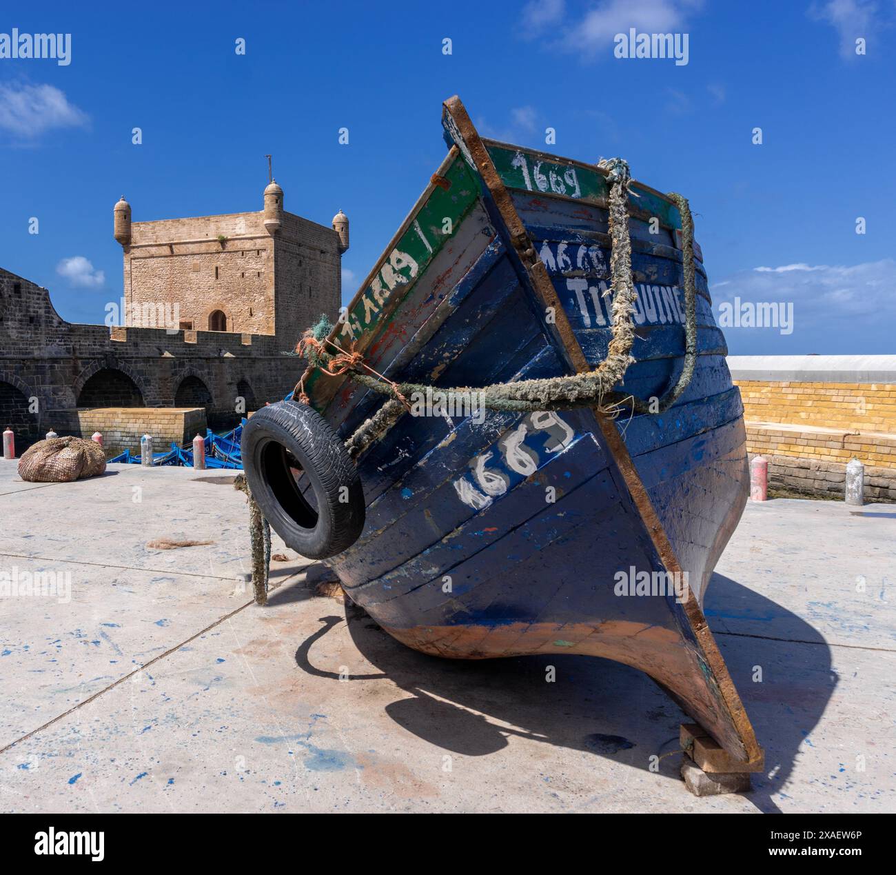 Essaouira, Morocco - 26 March, 2024: typical blue fishing boat in the ...