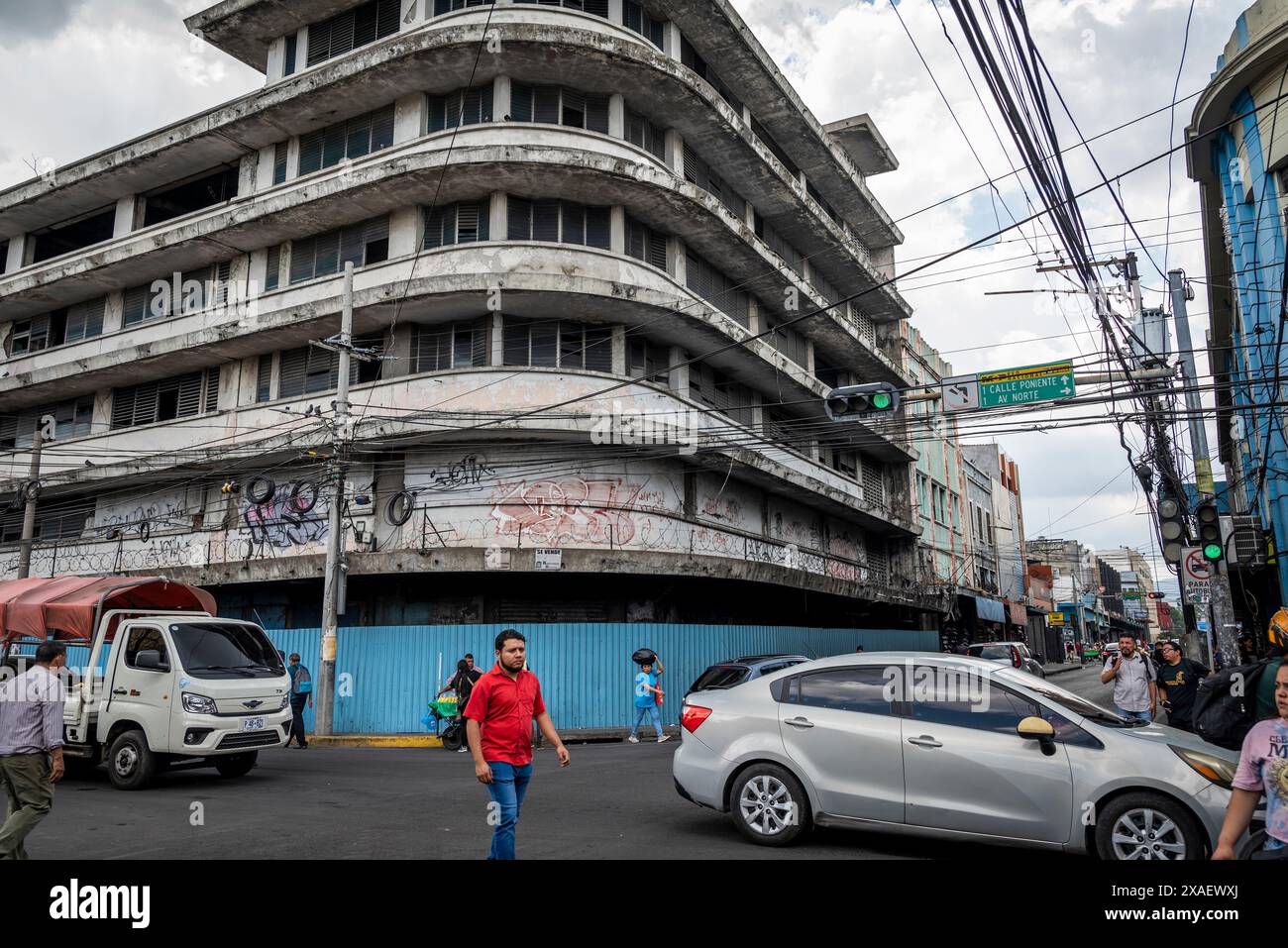 Run down buildings in the commercial city centre of San Salvador, El ...