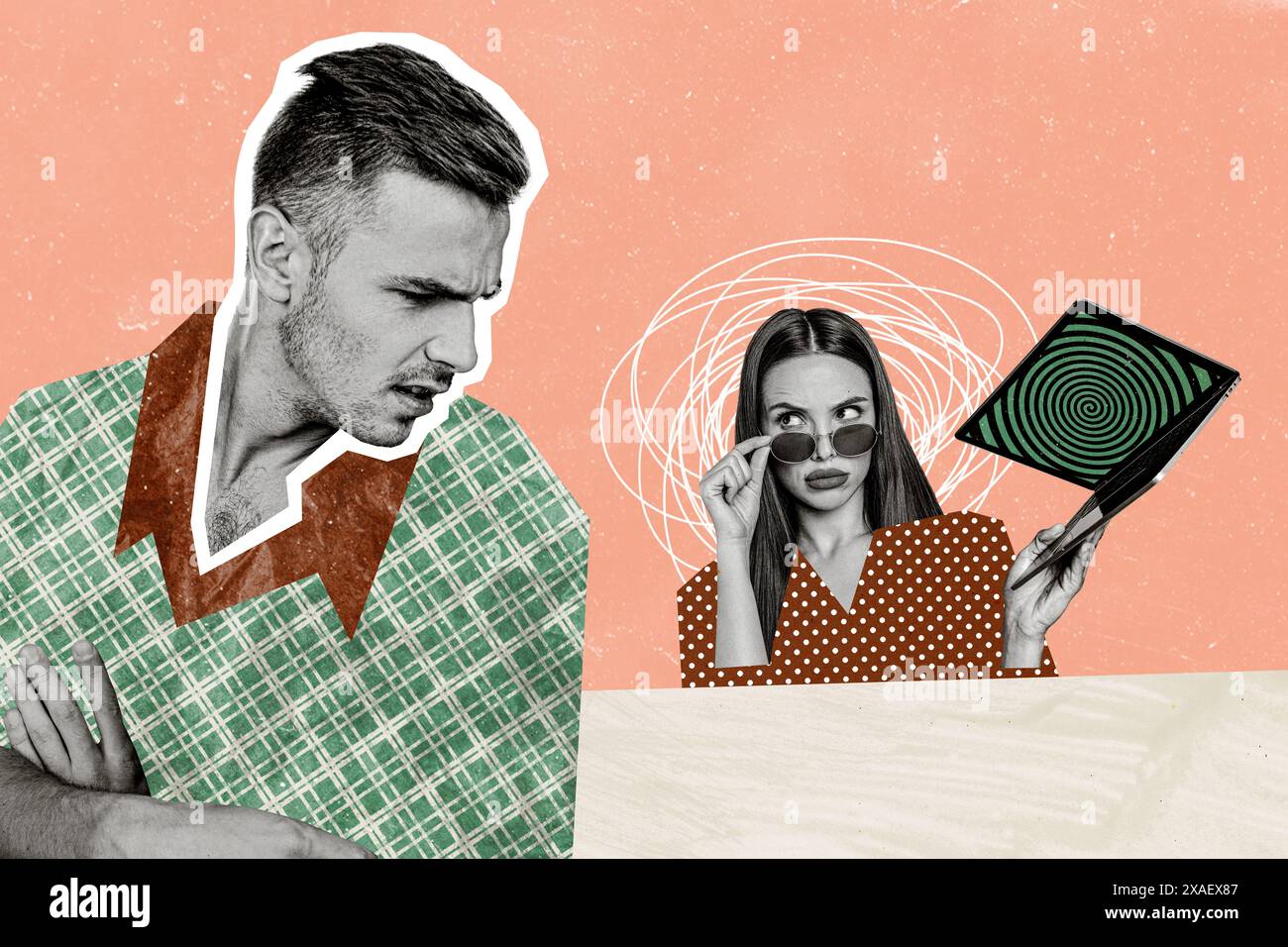 Composite photo collage of unhappy girl guy suspicious broke macbook ...