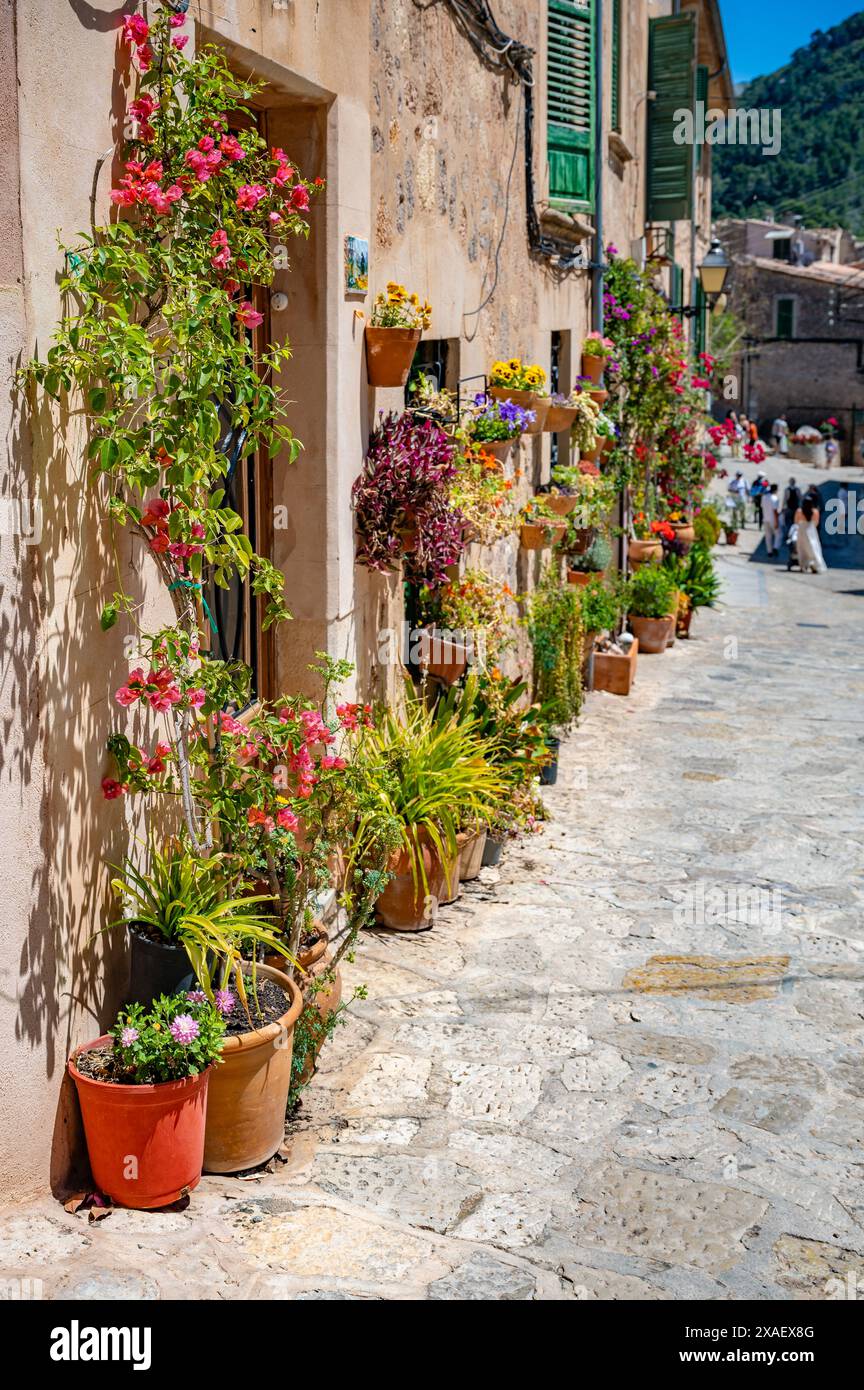 Beautiful decorated Building in Valldemossa, Majorca with flowers and ...