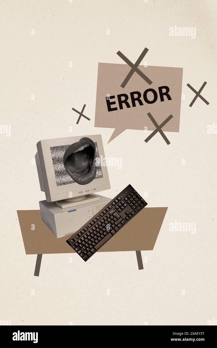 Composite collage image of funny mouth scream error monitor computer ...