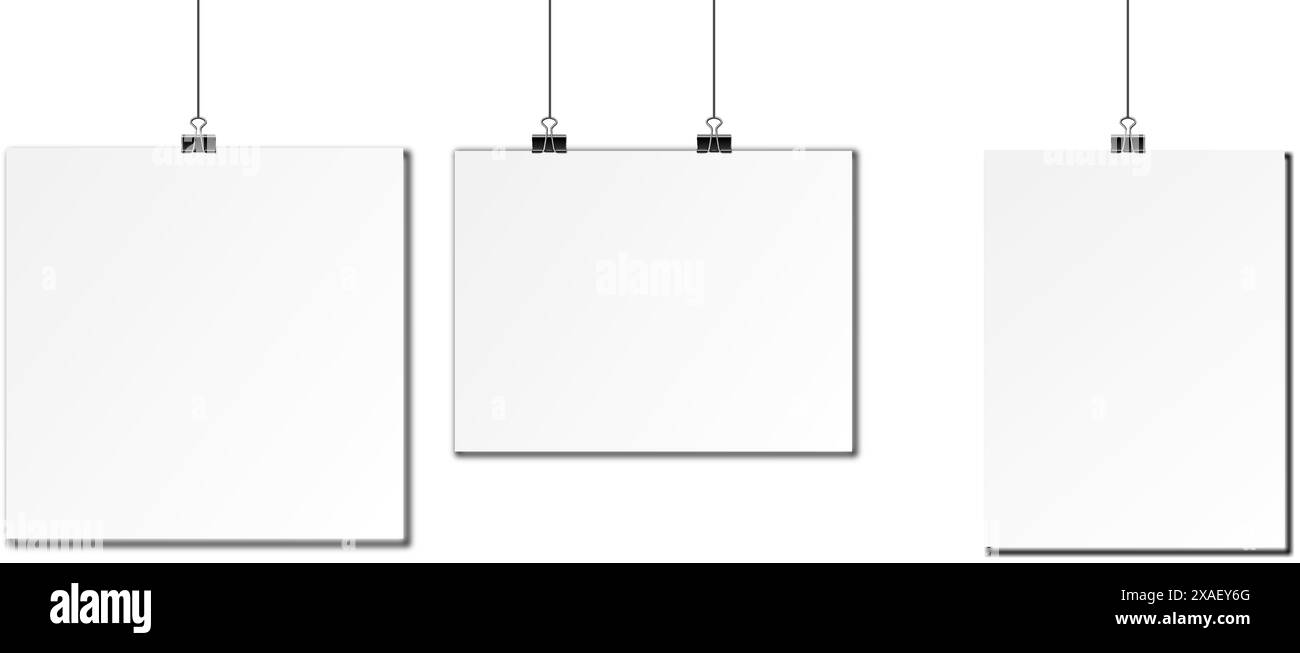 Blank A4 posters hanging list with shadows. Hanging white paper on ...
