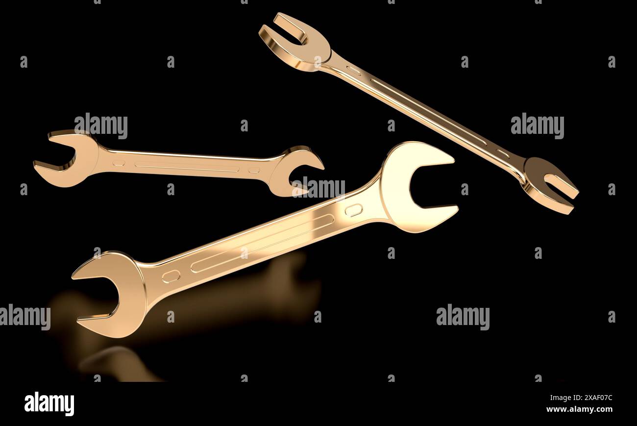 Three golden wrenches tools black background 3d render Stock Photo - Alamy