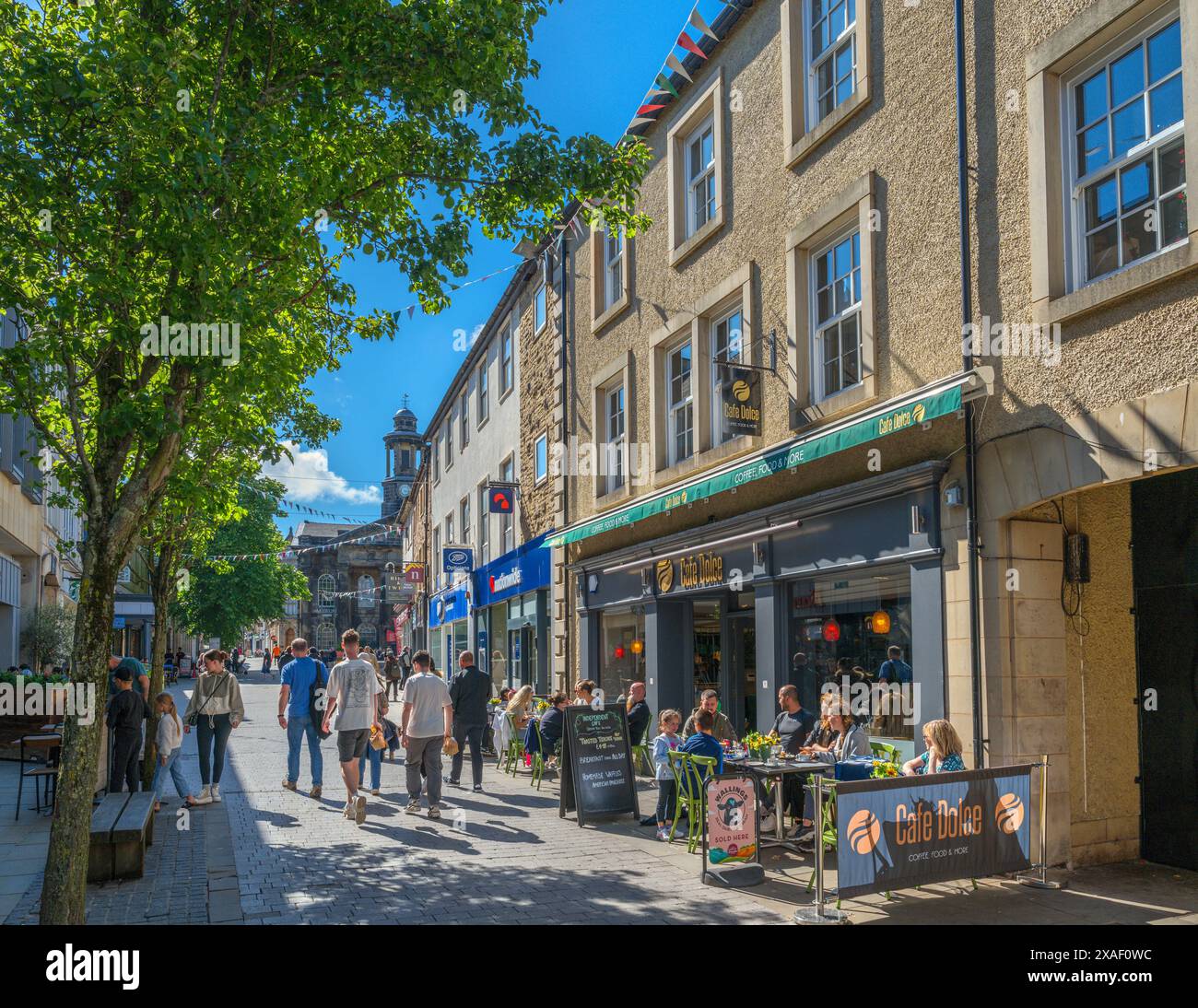 Shops and cafe on Market Street in the centre of Lancaster, Lancashire ...