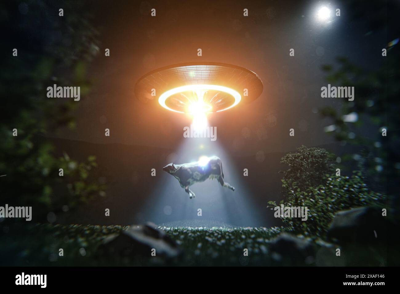 UFO abducting a cow at night in a forest, a scene from conspiracy ...