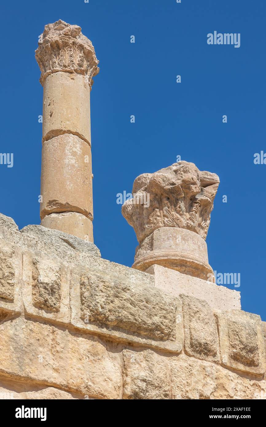 Pillars of temple of Zeus closeup. .Ruins of Gerasa. Jordan. Vertically ...