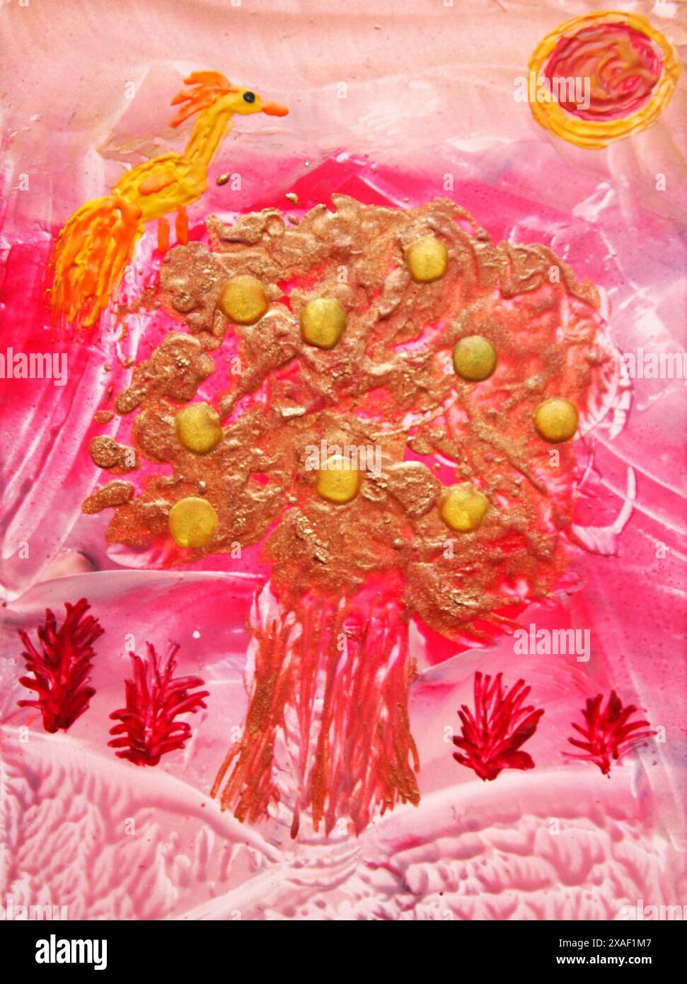 Illustration to fairy tale about golden bird firebird sitting on the ...