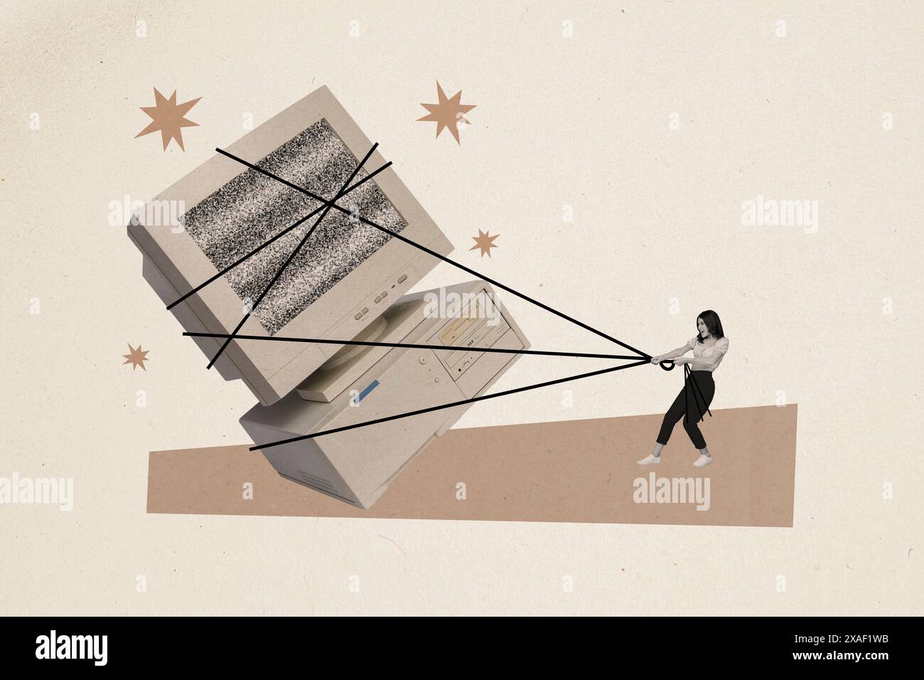 Composite collage image of funny female pulling monitor old computer ...