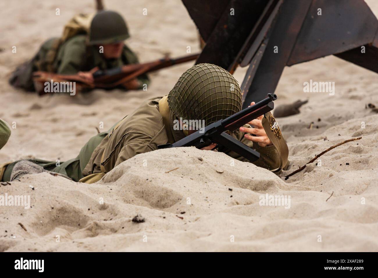 Historic reconstruction. American infantry soldiers from World War II ...