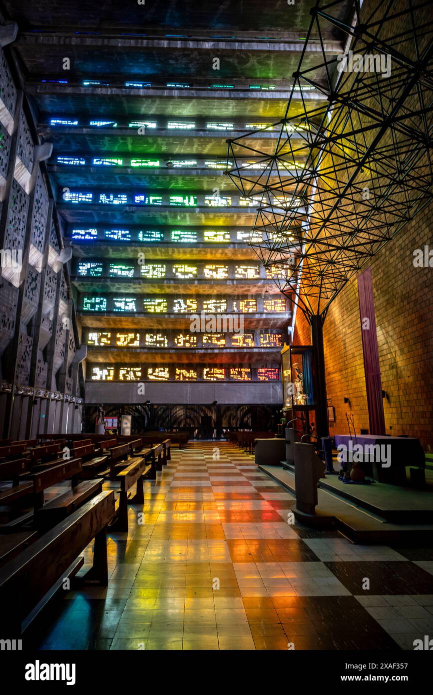 Colourful interior of El Rosario Church, a modernist Catholic church ...