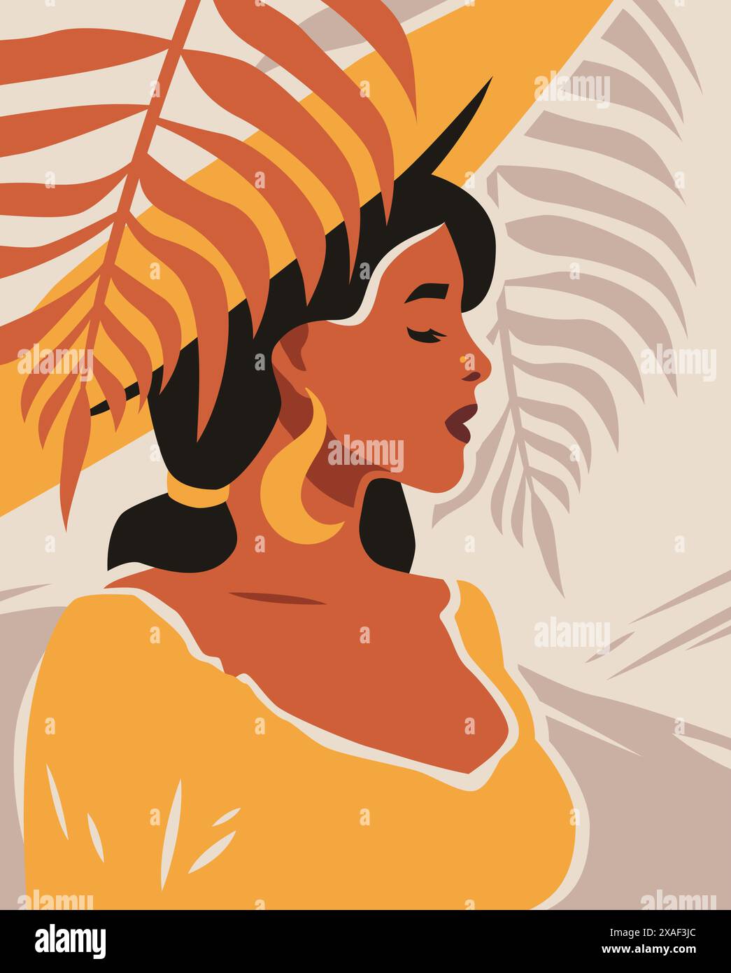 Summer African woman on retro tropical leaves background paint hand ...