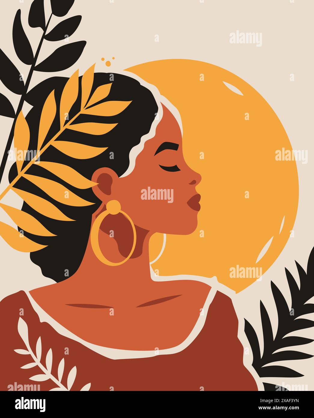 Beauty African woman portrait on vintage tropical fern summer sun paint ...