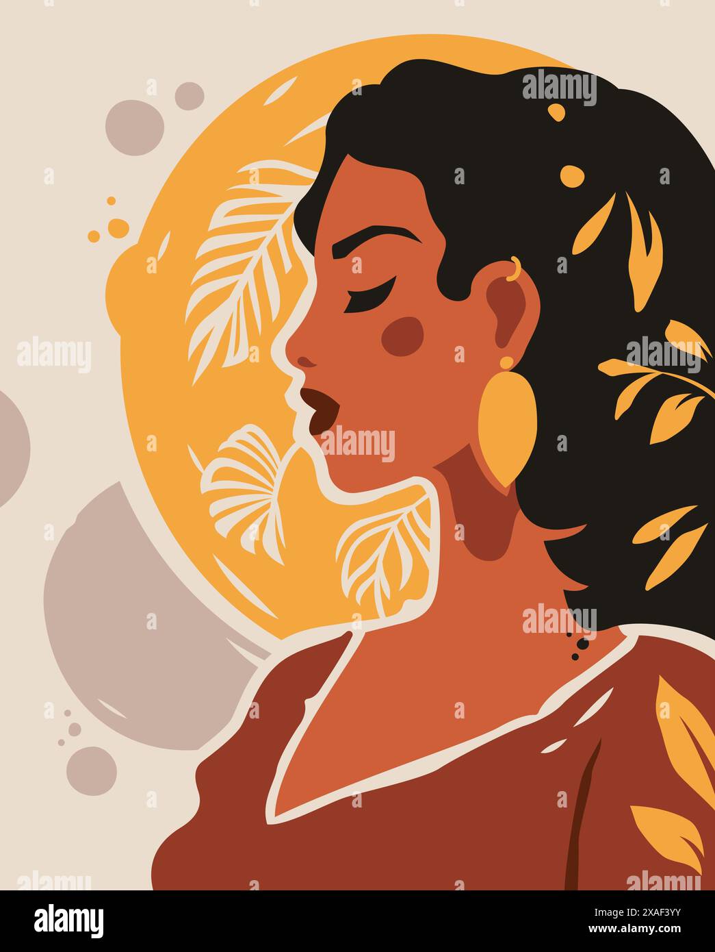 Beauty African boho woman elegant tropical summer sun hand drawn paint ...