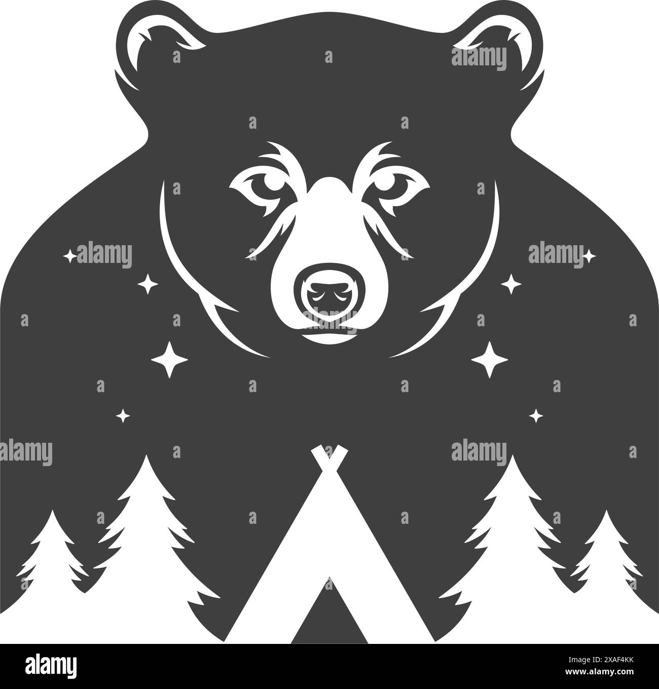 Camping tent hiking expedition bear forest night silhouette vintage ...