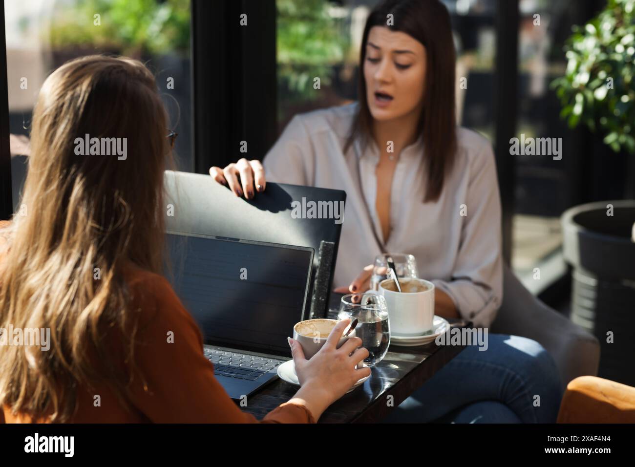 Two young business women in a cafe having one on one meeting. Friends ...